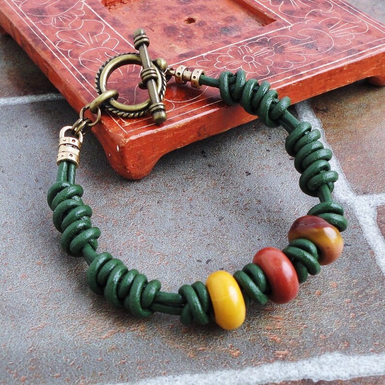 Mookaite and Green Leather Bracelet for Women Hand Braided - Etsy