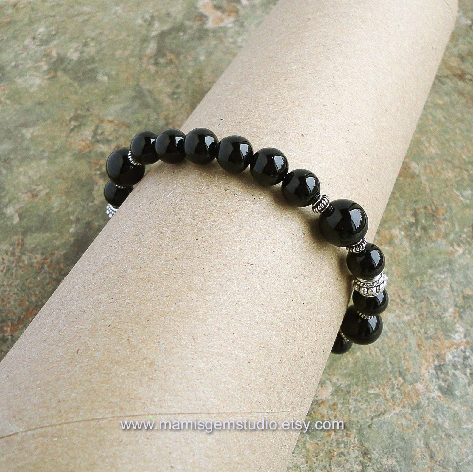 Mens Black Onyx Bracelet, Beaded Black Gemstone Jewelry for Men, Guys ...