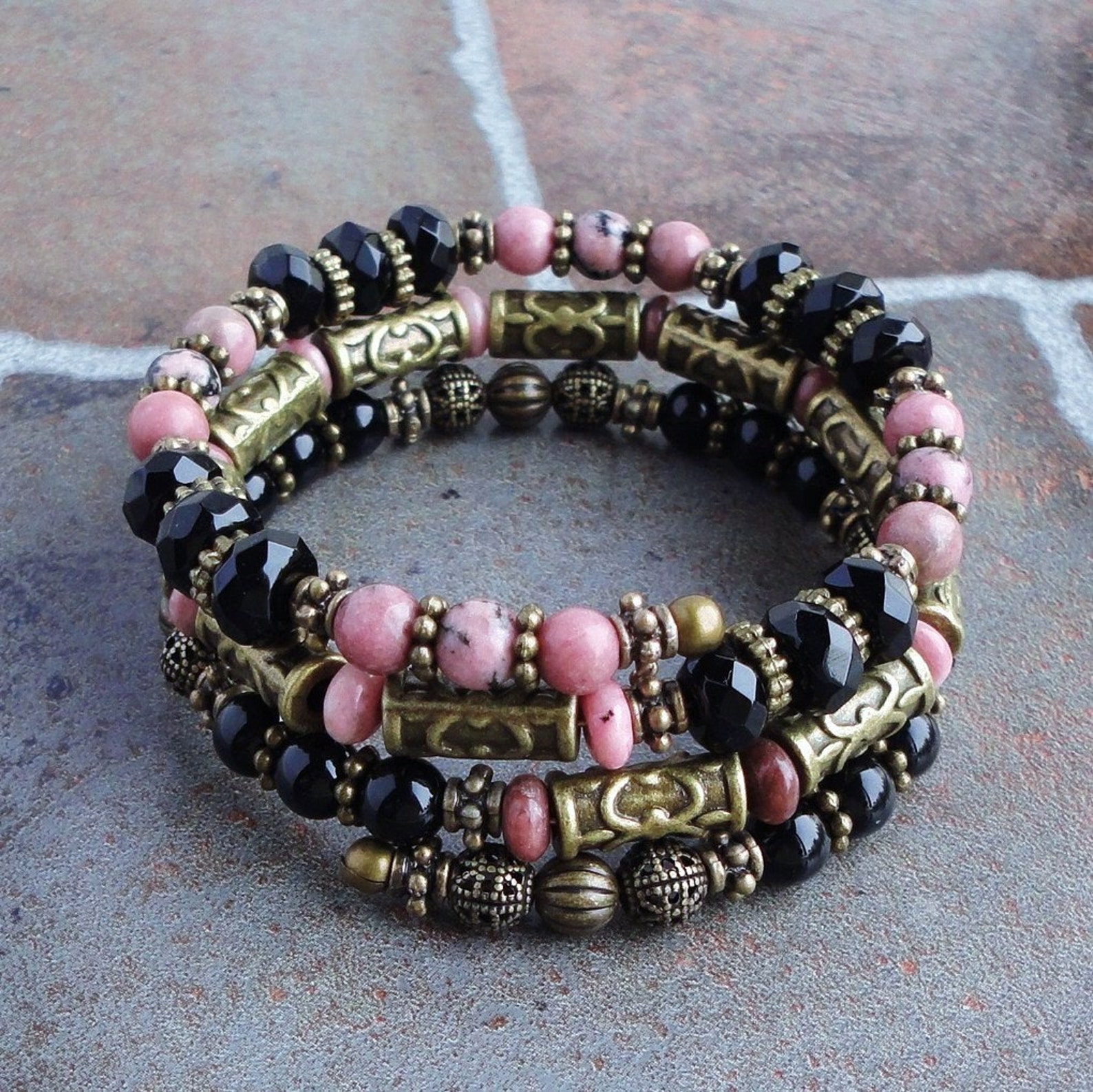 Black Onyx Rhodonite Bracelet Memory Wire Beaded Bangle - Etsy
