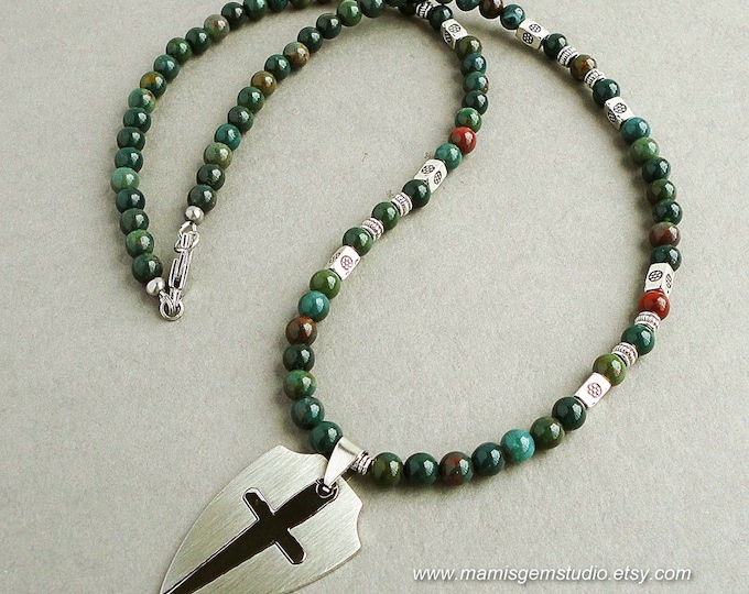 Mens Necklace, Bloodstone, Sword Cross Shield Stainless Steel Pendant ...