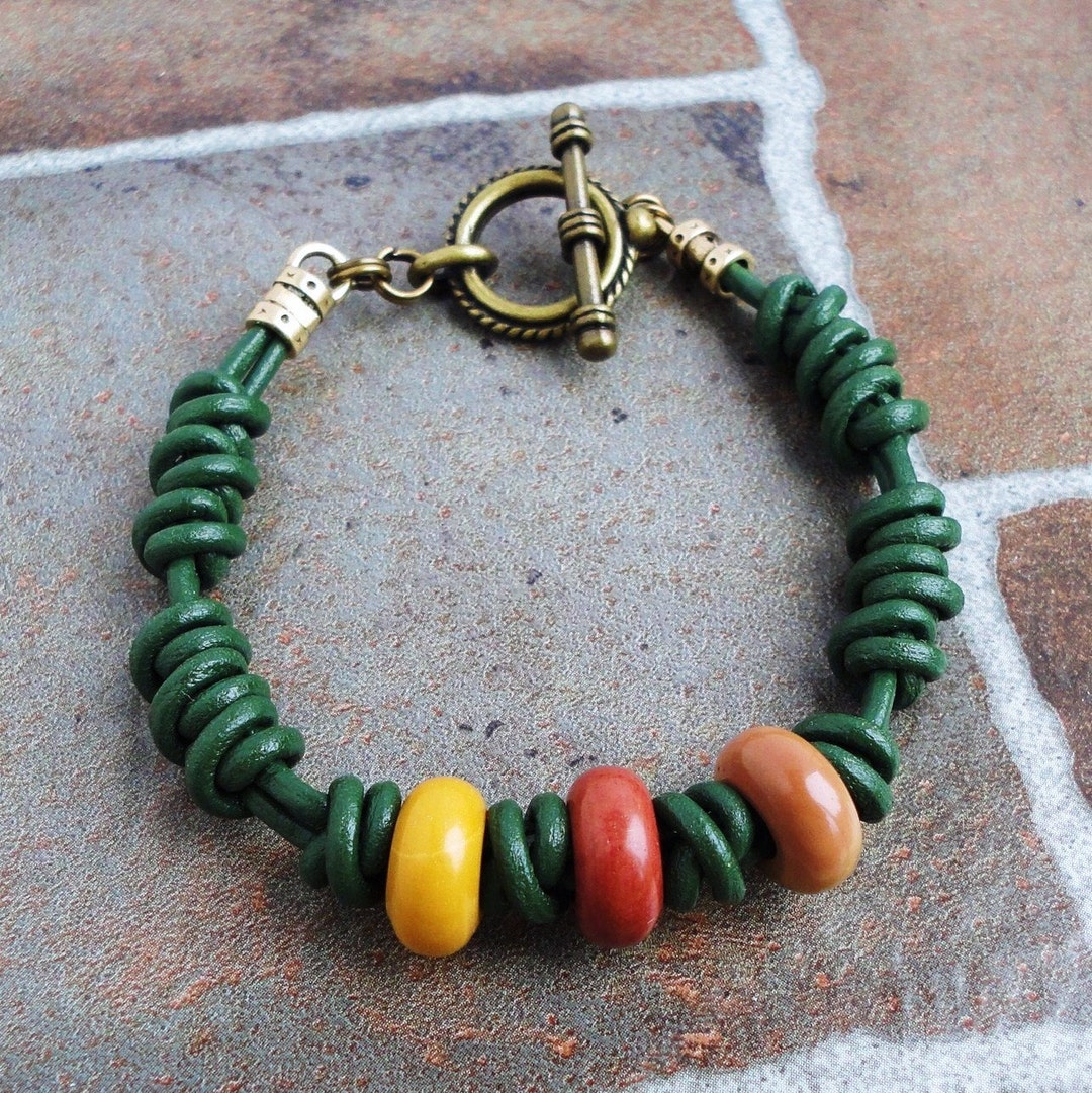 Mookaite and Green Leather Bracelet for Women, Hand Braided With ...