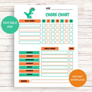 Dinosaur Editable, Printable Chore Chart for Kids, Instant Digital ...