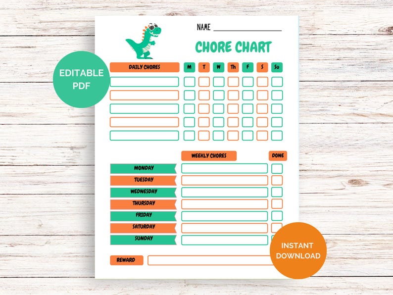Dinosaur Editable, Printable Chore Chart for Kids, Instant Digital ...
