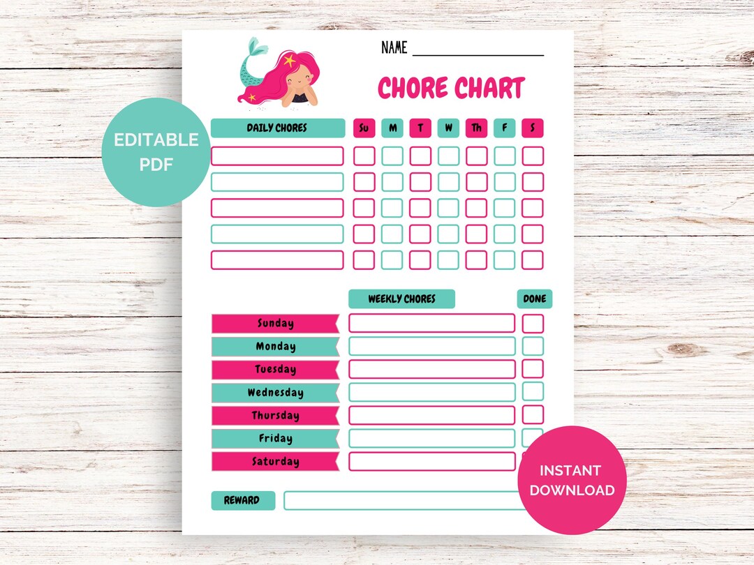 Mermaid Editable, Printable Chore Chart for Kids, Instant Digital ...