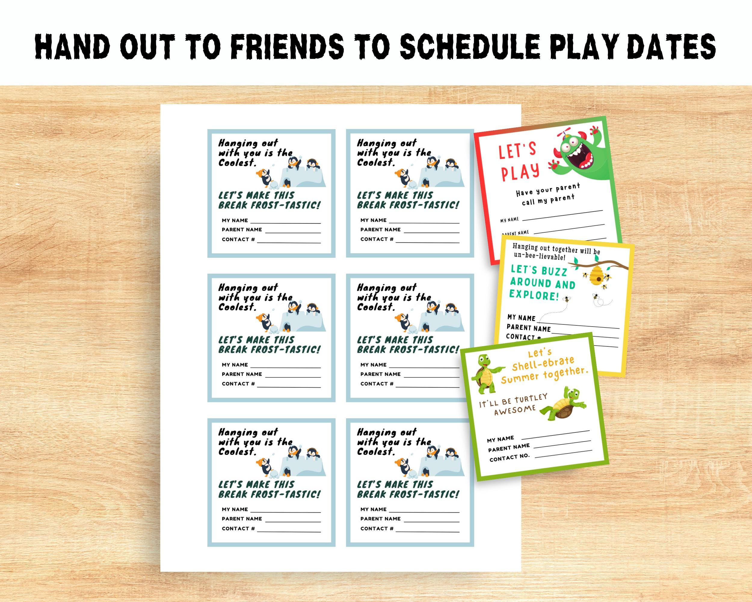 Editable Printable Kids Playdate Contact Cards, Kids Playdate ...