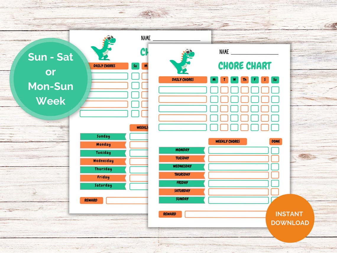 Dinosaur Editable, Printable Chore Chart for Kids, Instant Digital ...