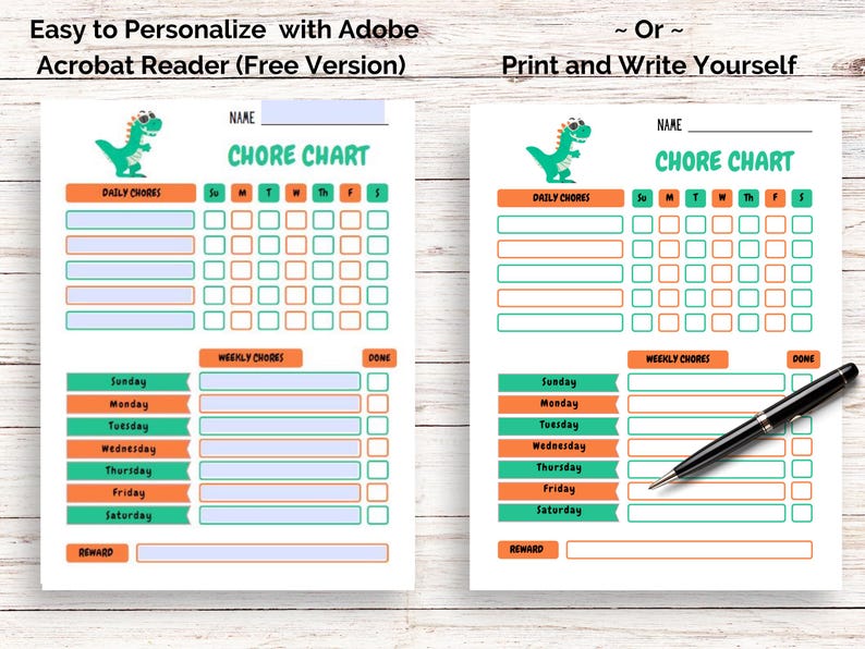 Dinosaur Editable, Printable Chore Chart for Kids, Instant Digital ...