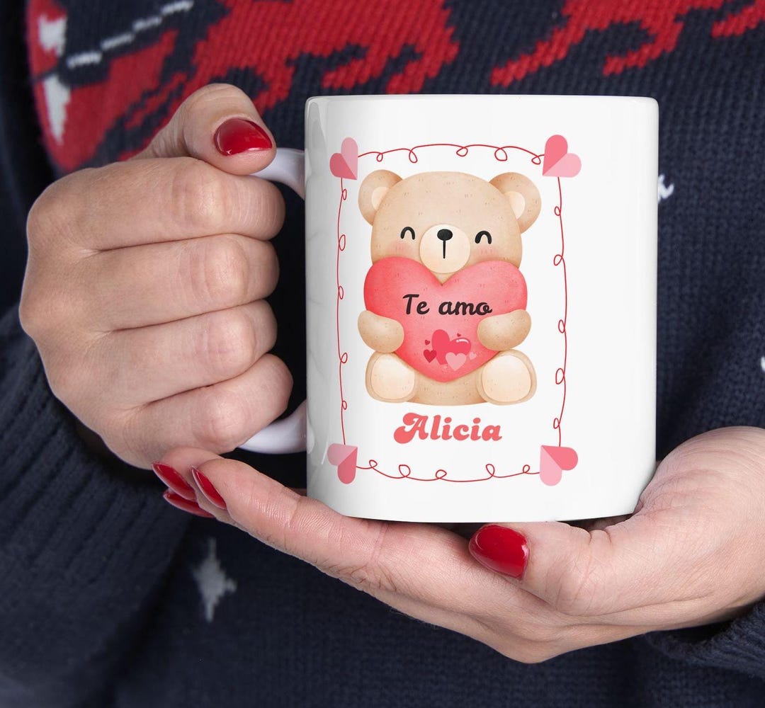 Te Amo Teddy Bear Ceramic Mug, Personalized Valentine's Day Coffee Cup ...