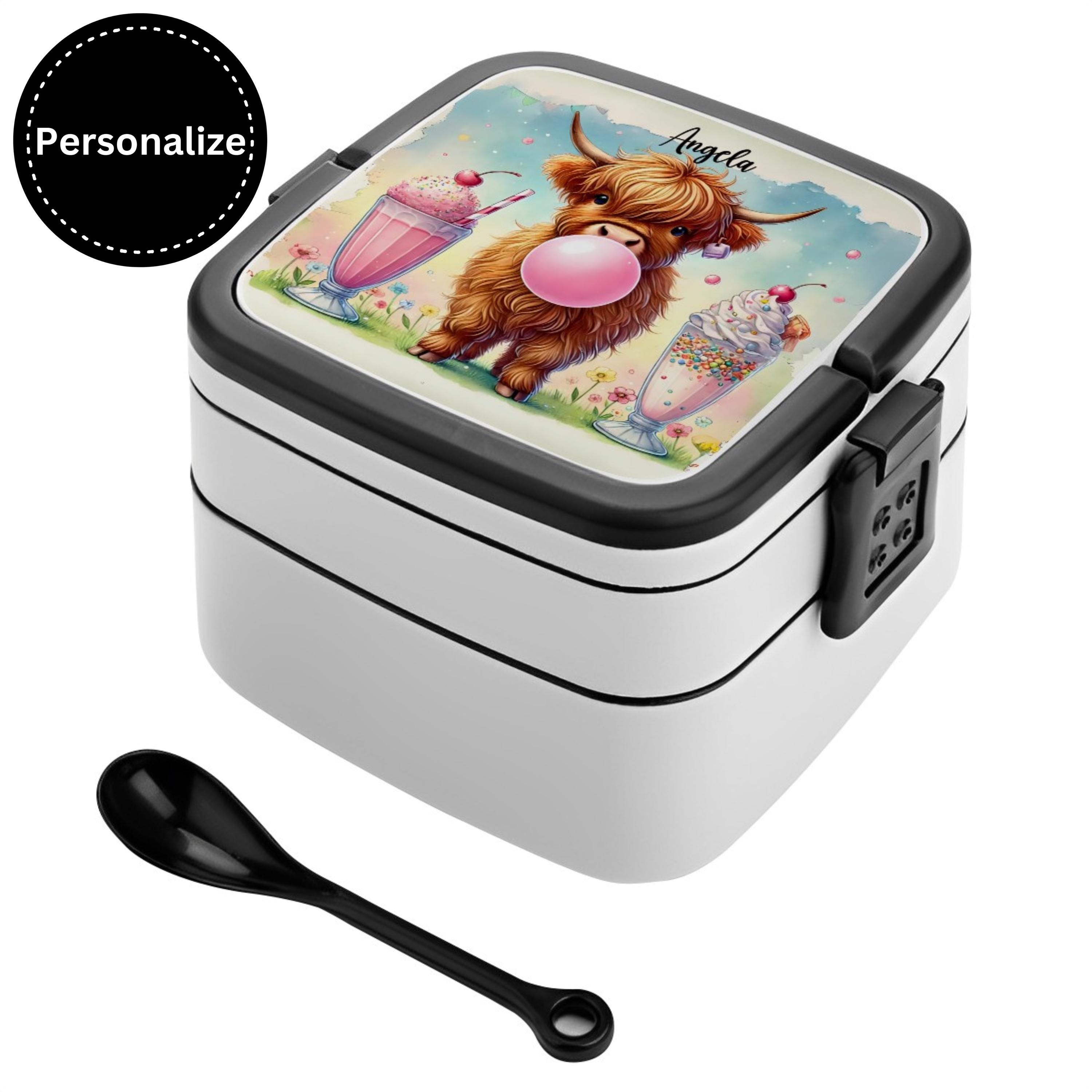 Custom Personalized Cute Highland Cow With 2 Milkshakes Stackable Bento ...