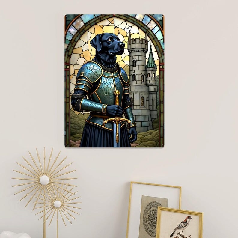 Black Lab Knight Tin Wall Art – Stained Glass Style Medieval Dog Decor ...