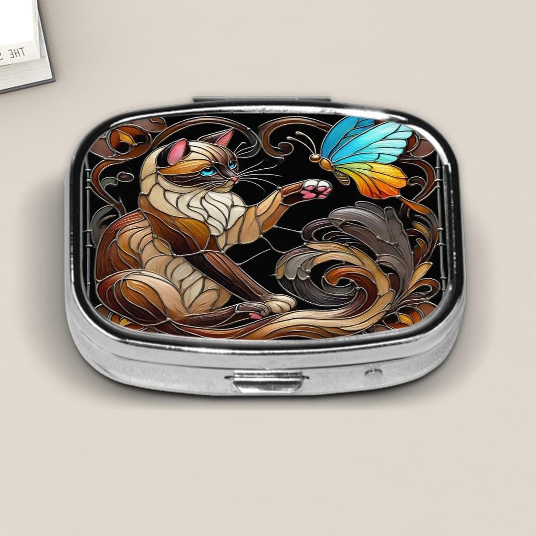 Faux Stained Glass Cat and Butterfly Pill Box - Elegant Compact ...