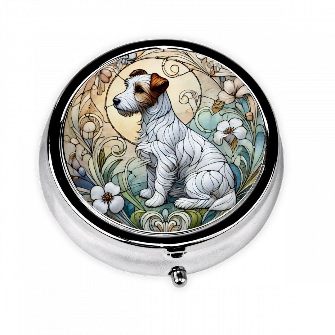 Art Nouveau Jack Russell Terrier Pill Box – Elegant Round Silver Case ...