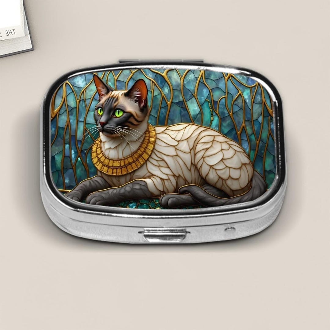 Siamese Cat Pill Box – Stained Glass Style With Green Eyes & Gold ...