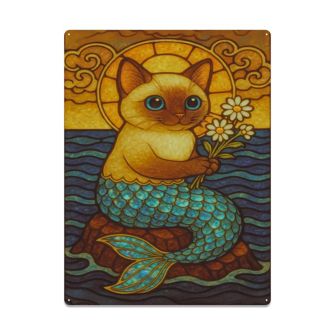 Siamese Cat Mermaid Tin Sign – Stained Glass Style Fantasy Cat With ...