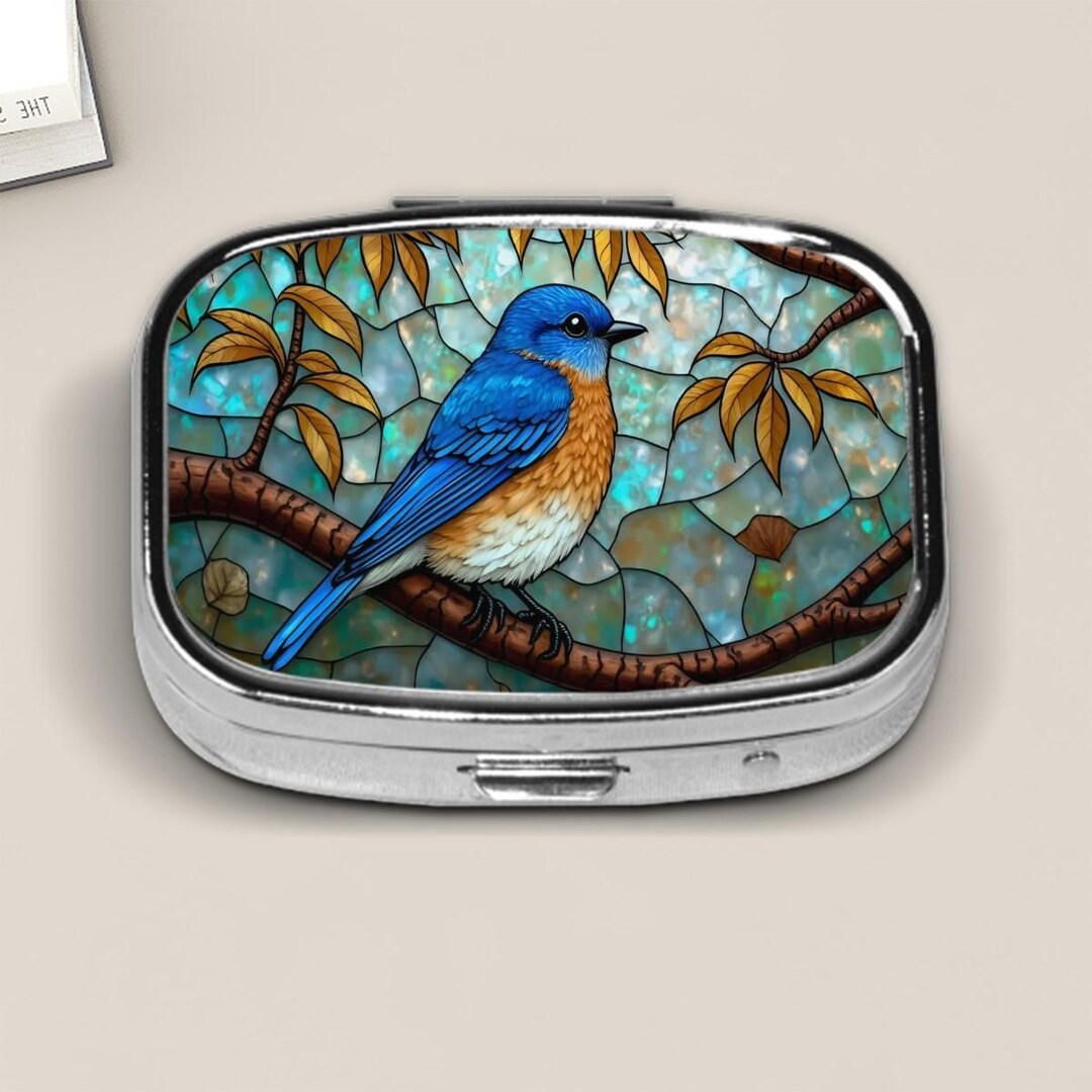 Eastern Bluebird Stained Glass Style Pill Box – Colorful Bird on Branch ...
