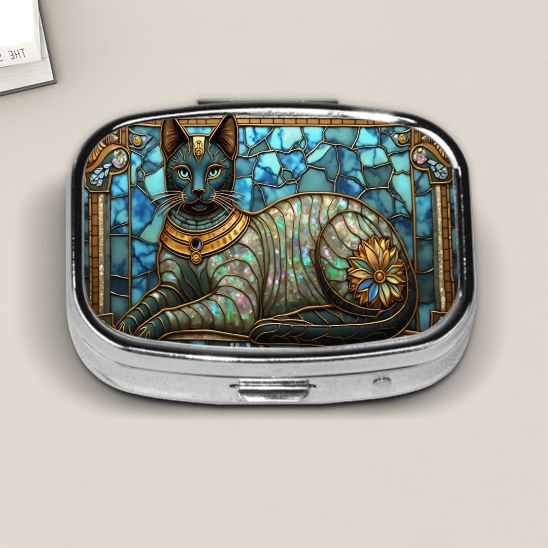 Regal Sphynx Cat Pill Box – Stained Glass Style Mosaic Design With Gold ...