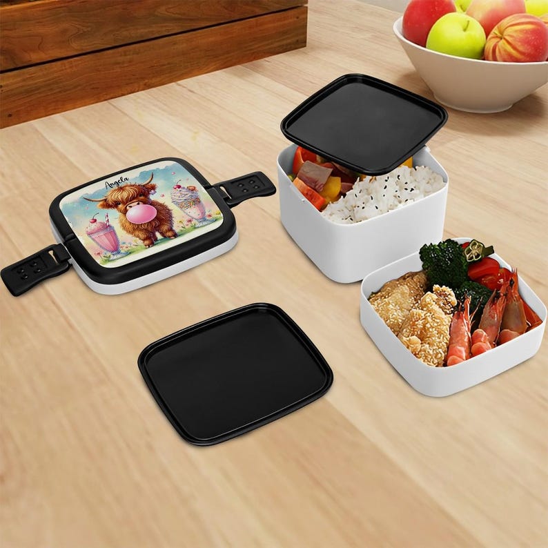 Custom Personalized Cute Highland Cow With 2 Milkshakes Stackable Bento ...