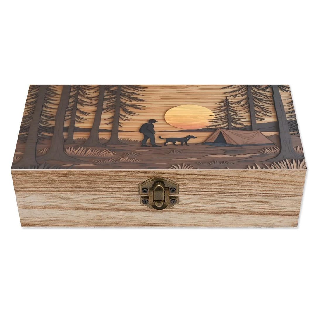 Camping Scene Wooden Keepsake Box – Man and Dog Walking at Sunset With ...
