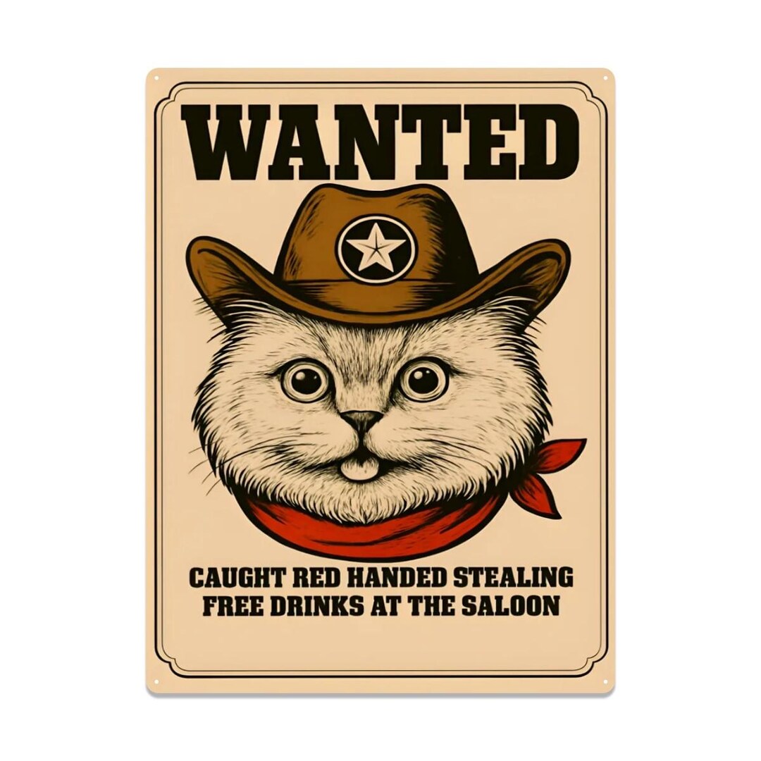 Funny Cowboy Cat Wanted Poster Tin Sign – Vintage Western Wall Art ...