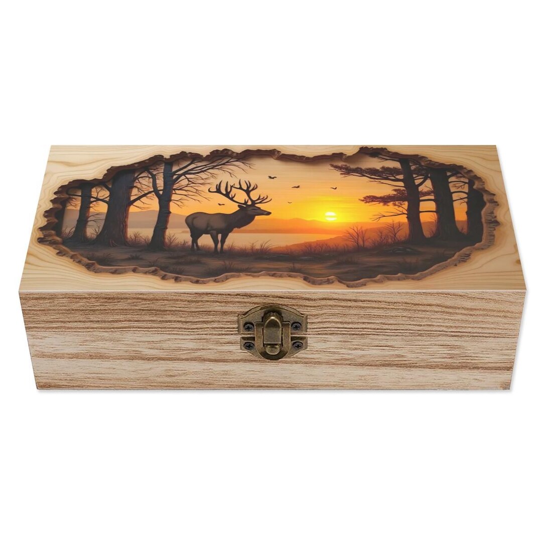 Rustic Deer Sunset Wooden Keepsake Box – Nature Forest Jewelry Storage ...