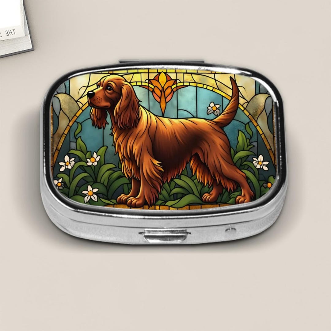 Stained Glass Style Irish Setter Pill Case – Floral Dog Art Metal Pill ...