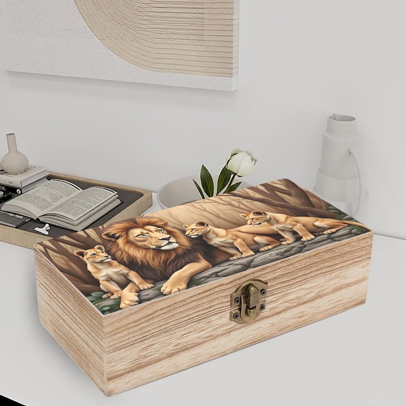 Lion and Cubs Wooden Keepsake Box – Safari Wildlife Memory Box, Rustic ...