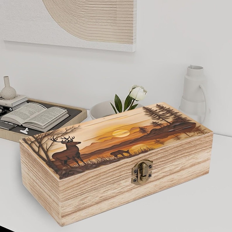 Deer and Fawn Wooden Keepsake Box – Rustic Forest Sunset Memory Box ...