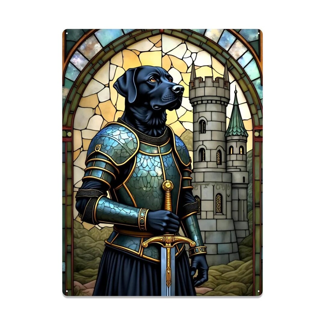 Black Lab Knight Tin Wall Art – Stained Glass Style Medieval Dog Decor ...