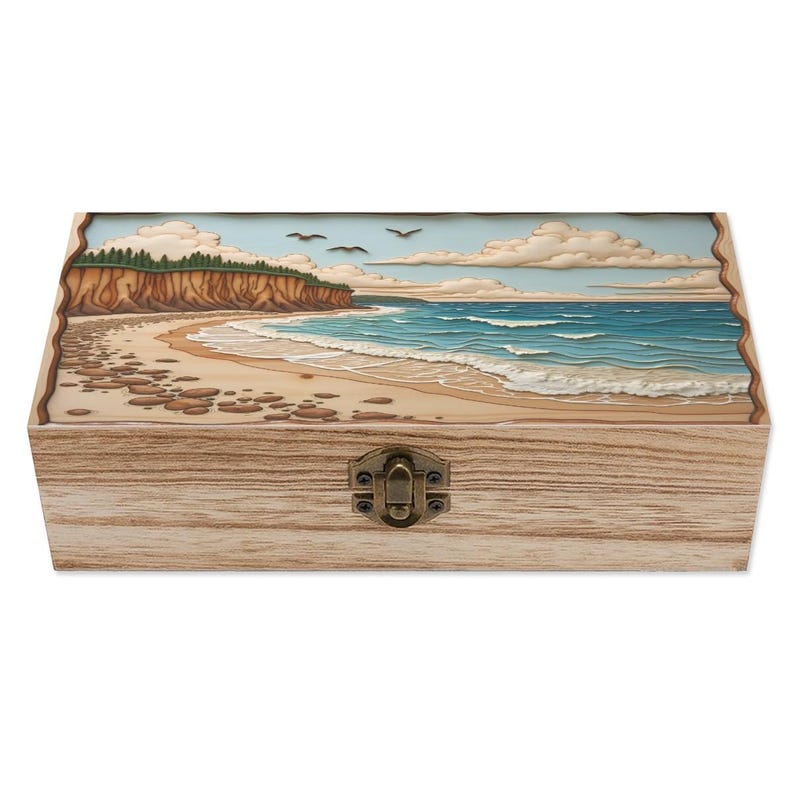 Scenic Ocean View Wood Keepsake Box – Coastal Cliffs and Waves With ...