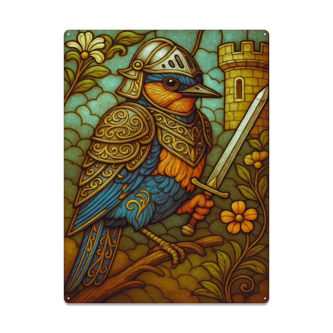 Stained Glass Knight Bird Tin Wall Art – Medieval Bluebird With Sword ...