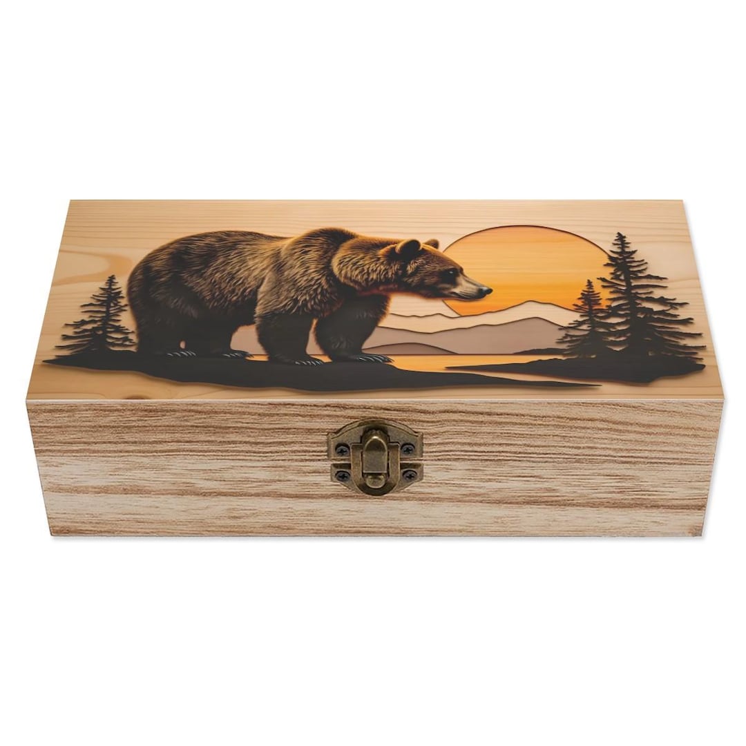 Rustic Wooden Bear Keepsake Box With Mountain Sunset Scene – Nature ...
