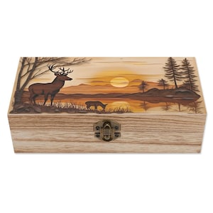 Deer and Fawn Wooden Keepsake Box – Rustic Forest Sunset Memory Box ...