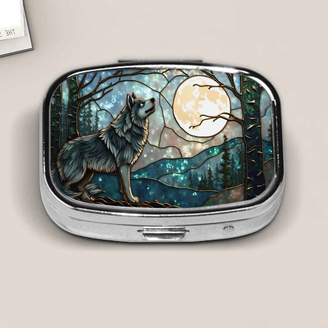 Stained Glass Style Wolf Pill Box – Howling Wolf Under Full Moon in ...