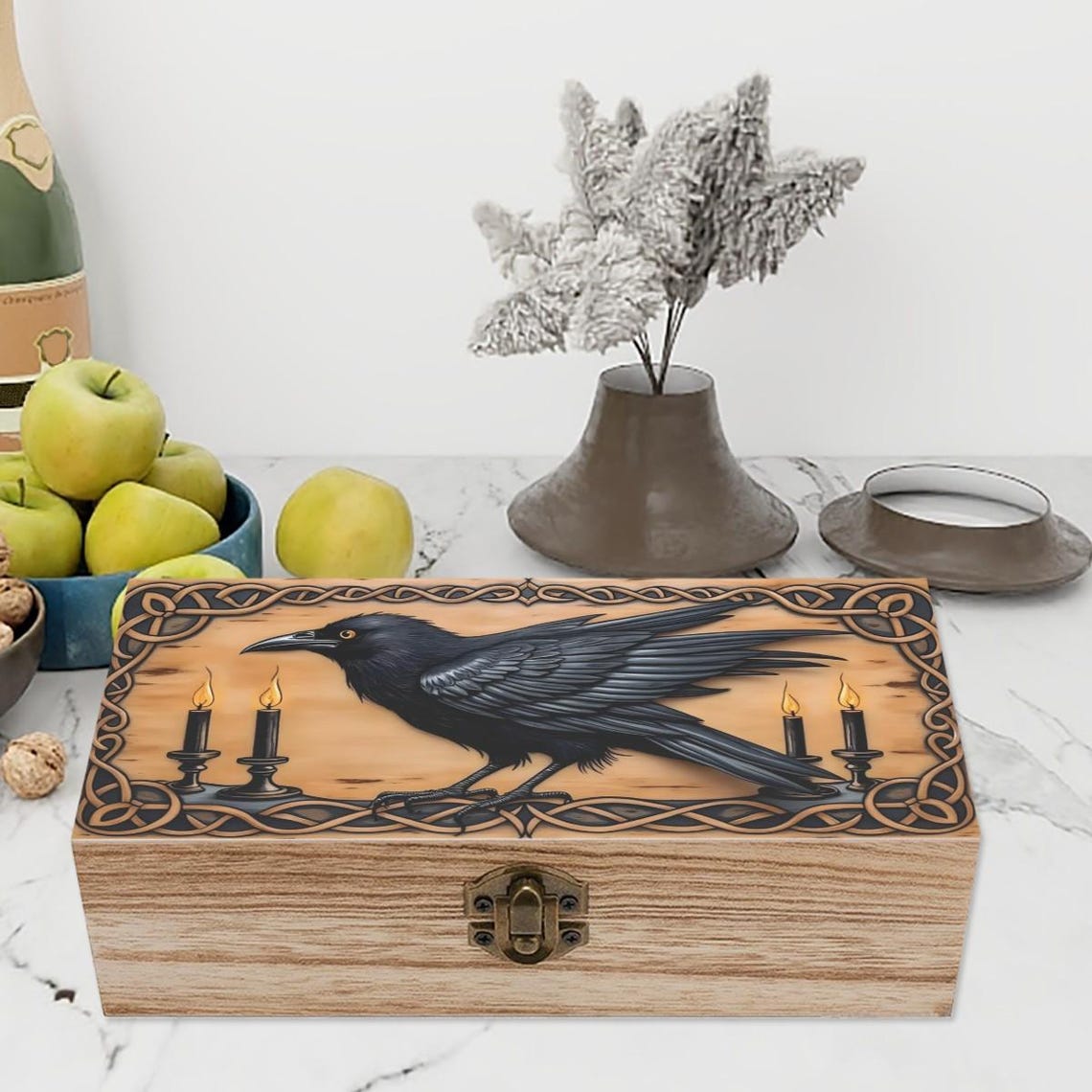 Gothic Raven Wooden Keepsake Box – Celtic Knot Candle Design – Crow ...