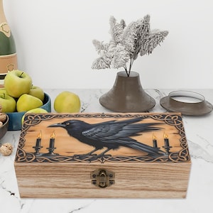 Gothic Raven Wooden Keepsake Box – Celtic Knot Candle Design – Crow ...