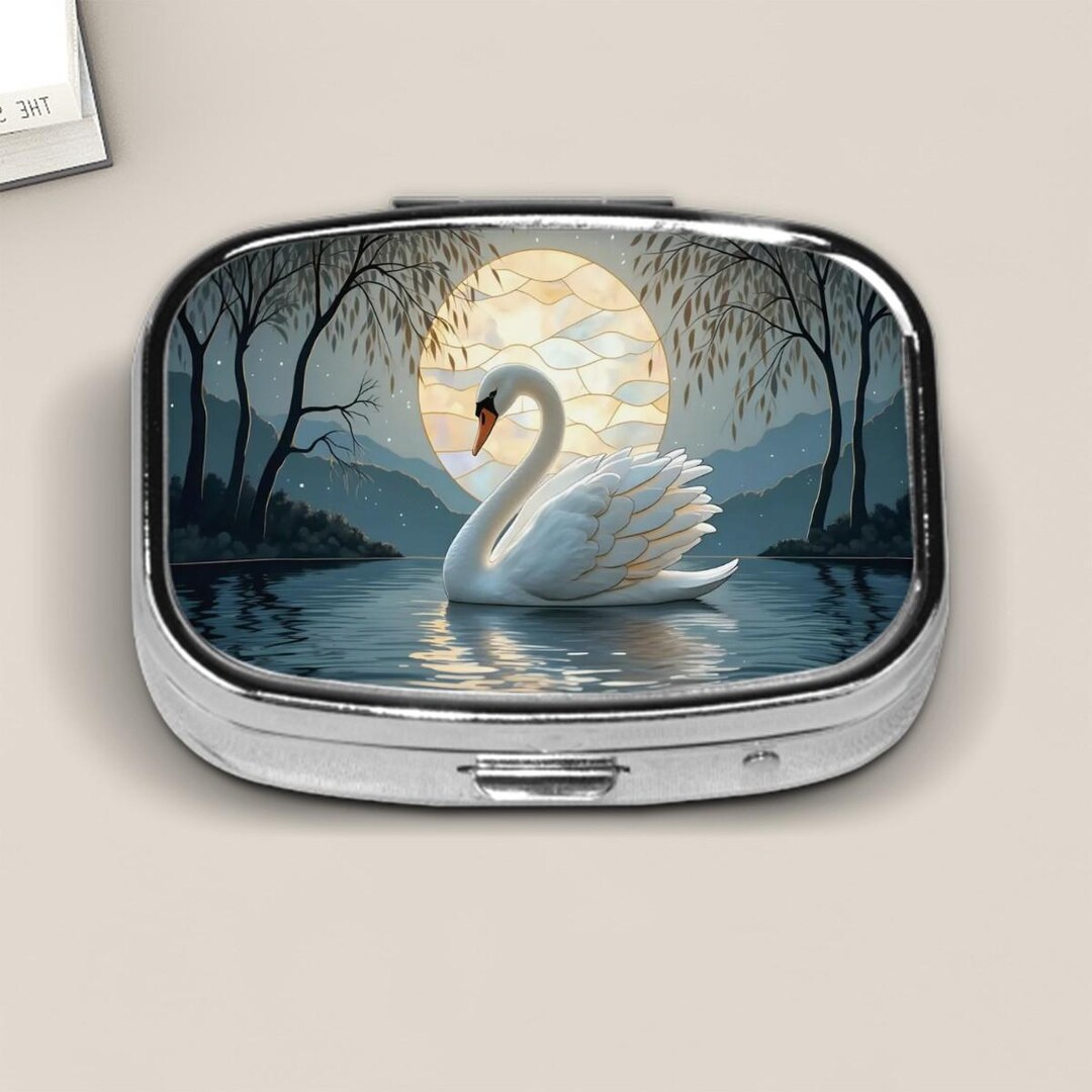 Elegant Swan Pill Box – Stained Glass Style Moonlight Lake Scene ...