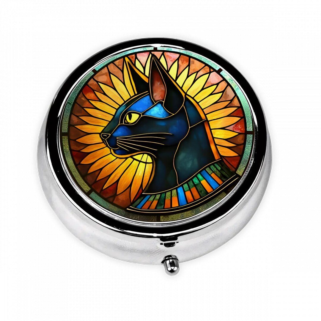 Stained Glass Style Black Cat Pill Box – Egyptian Style Pocket Pill ...