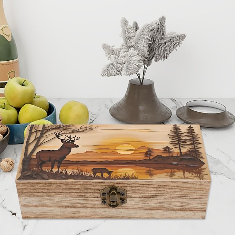 Deer and Fawn Wooden Keepsake Box – Rustic Forest Sunset Memory Box ...