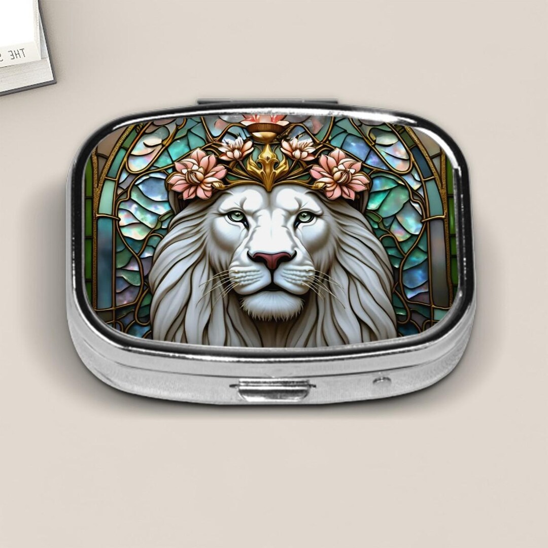 White Lion Pill Box With Crown – Stained Glass Style Jungle King Design ...