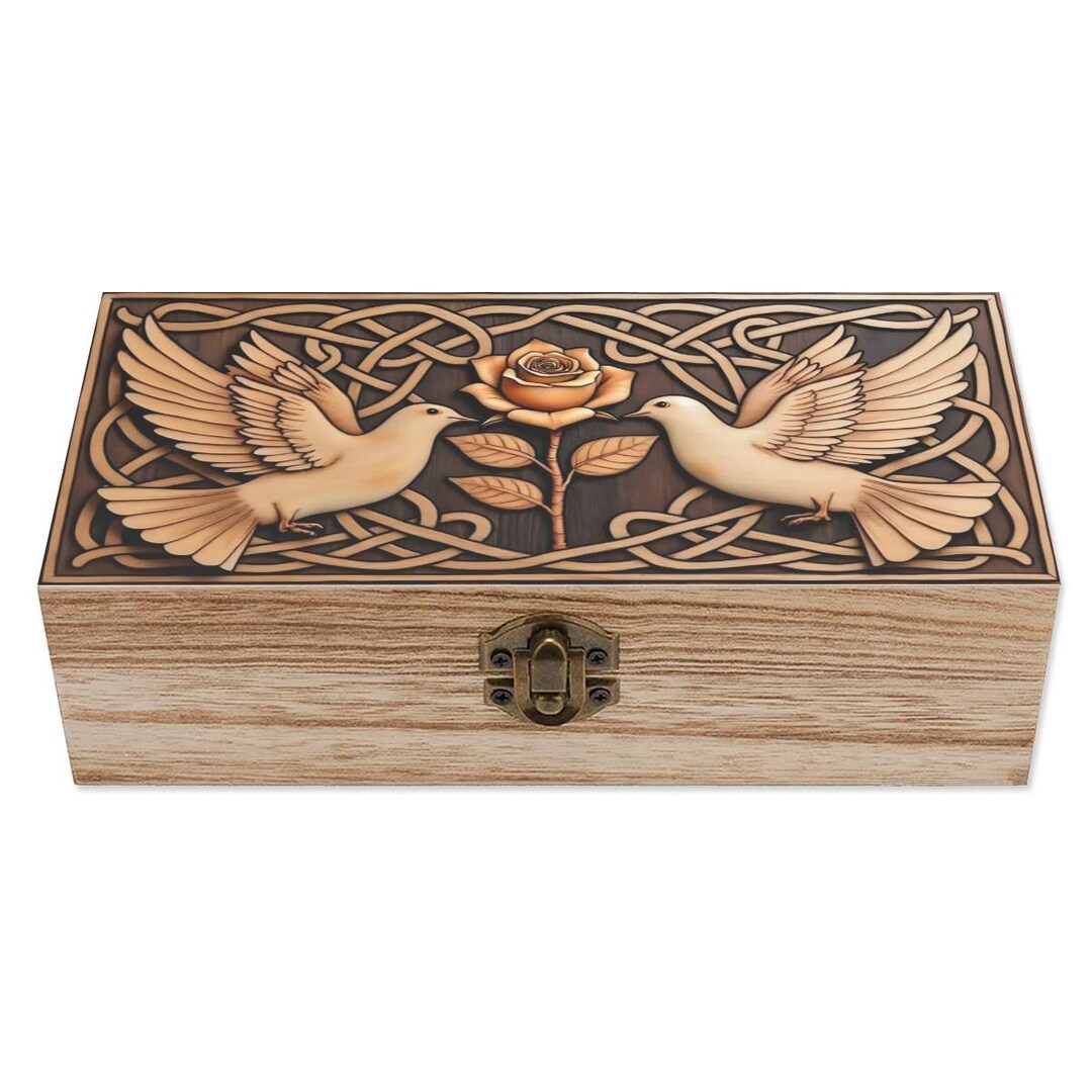 Romantic Dove and Rose Wooden Keepsake Box – Celtic Knot Engraved ...