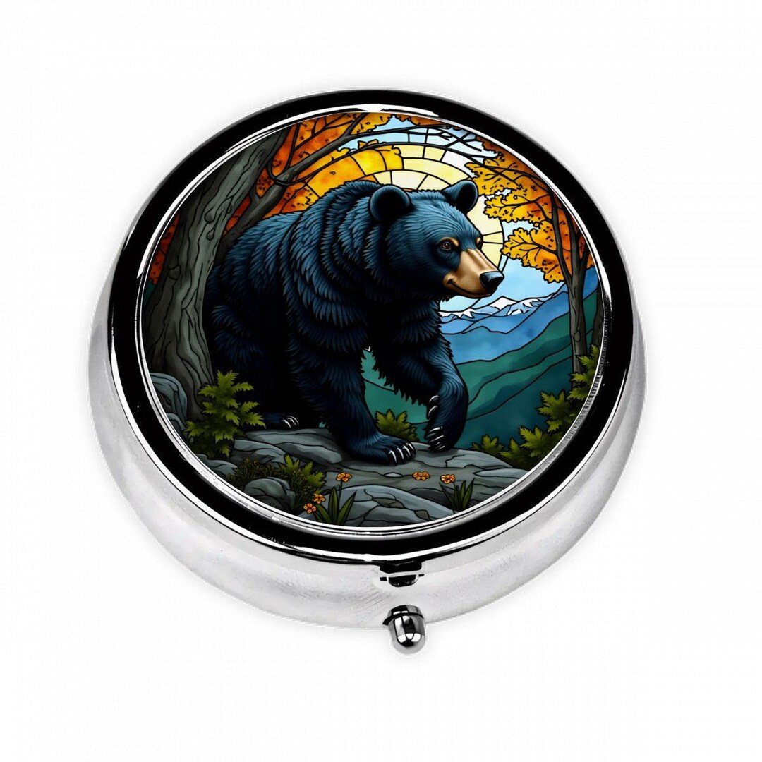 Stained Glass Style Bear Pill Box – Mountain Wildlife Travel Pill Case ...