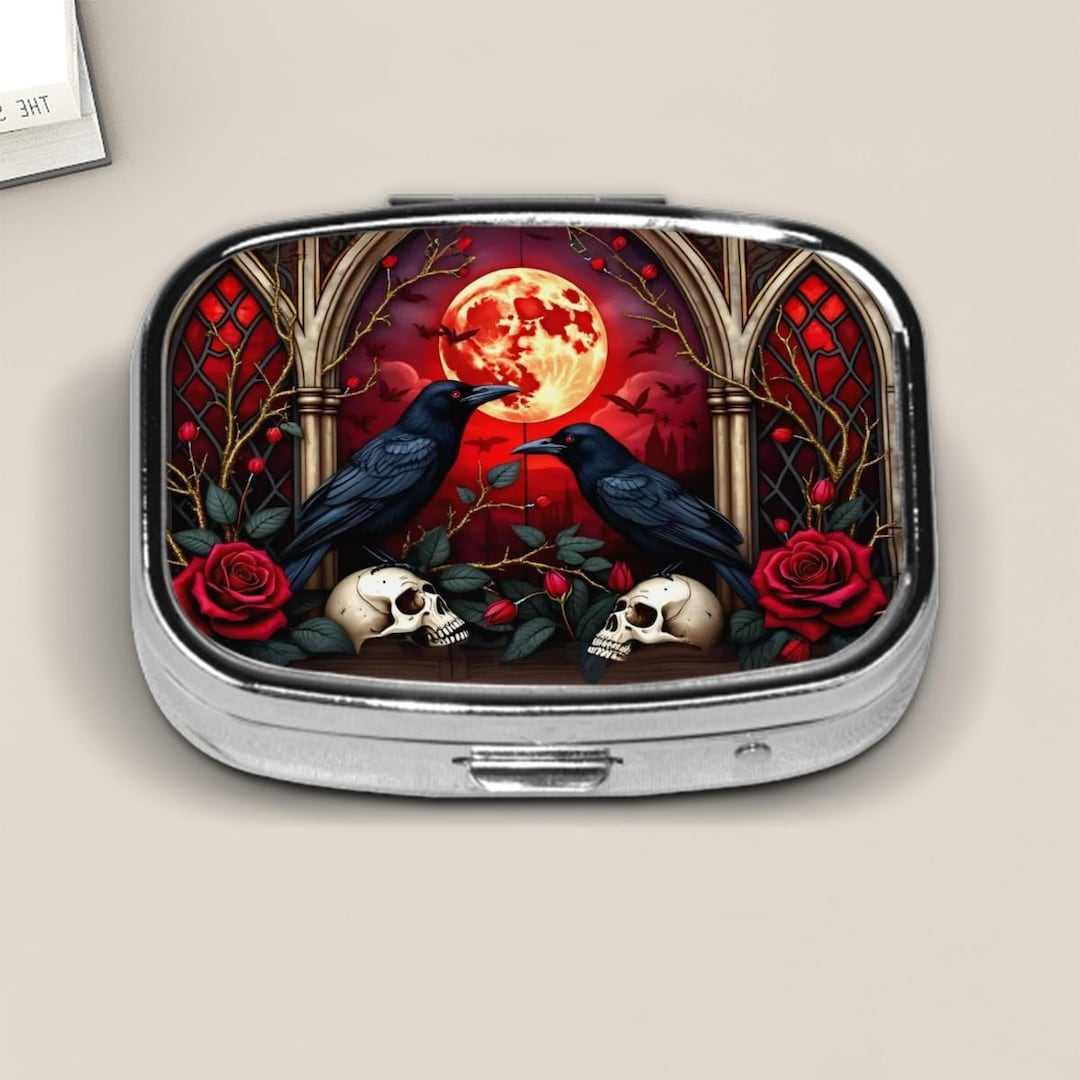 Gothic Raven Skull Pill Box – Red Moon Rose Apothecary Tin, Dark ...