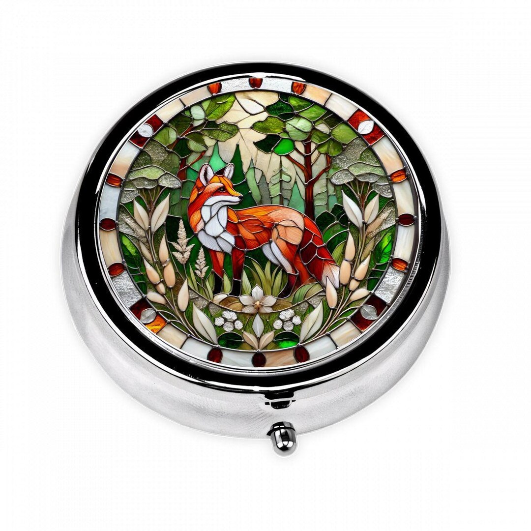 Fox Stained Glass Style Pill Box - Elegant Round Silver Pocket Pill ...