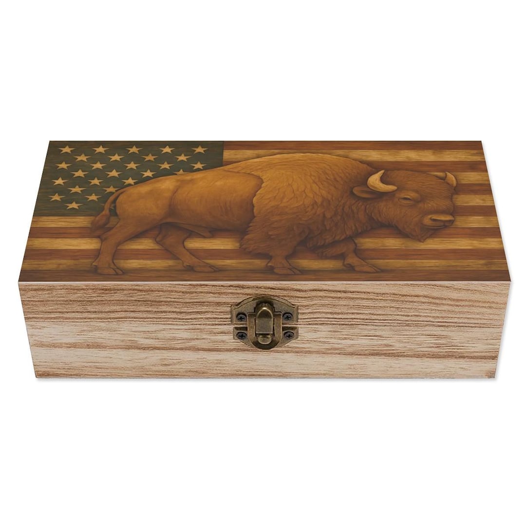 Rustic American Buffalo Wood Box – Patriotic Bison and Flag Keepsake ...
