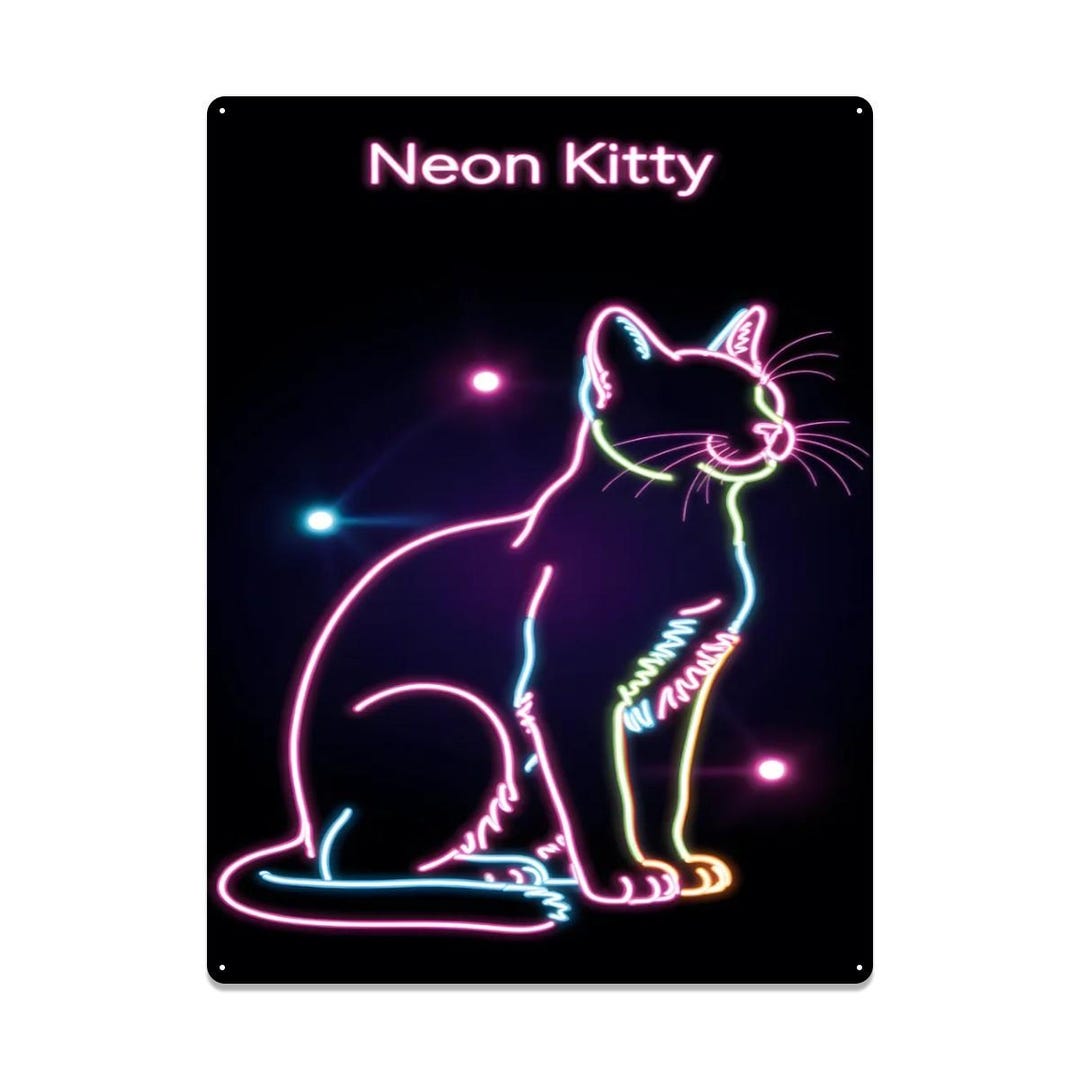 Neon Kitty Tin Sign Wall Art – Retro Glowing Cat Decor for Cat Lovers ...