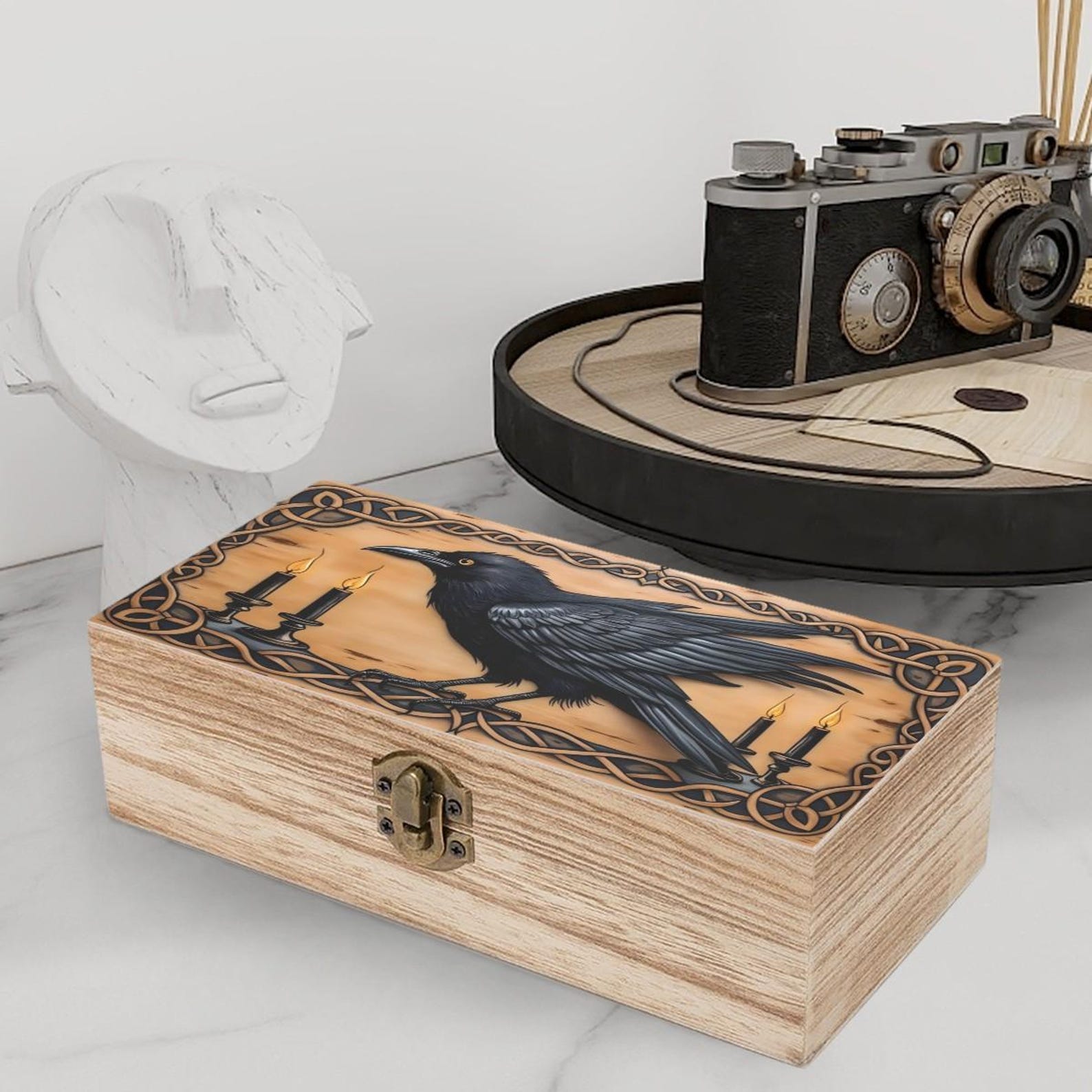 Gothic Raven Wooden Keepsake Box – Celtic Knot Candle Design – Crow ...