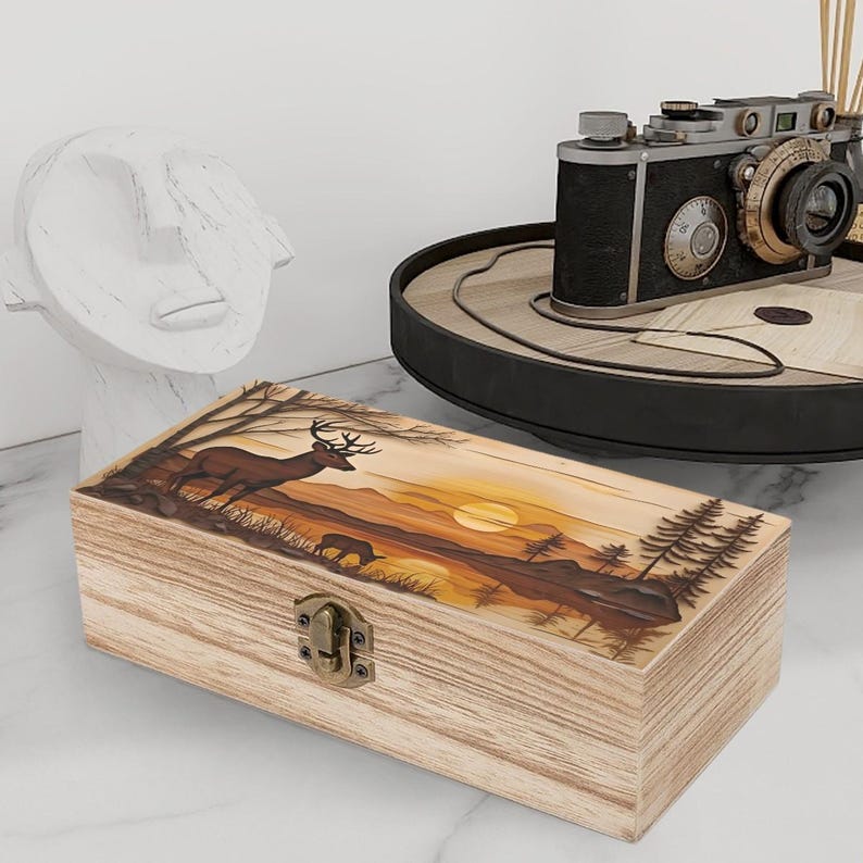 Deer and Fawn Wooden Keepsake Box – Rustic Forest Sunset Memory Box ...