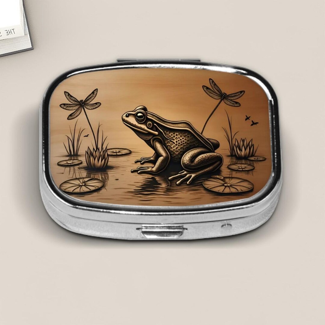 Wood Pyrograph Style Frog and Dragonfly Pill Box – Rustic Pond Scene ...