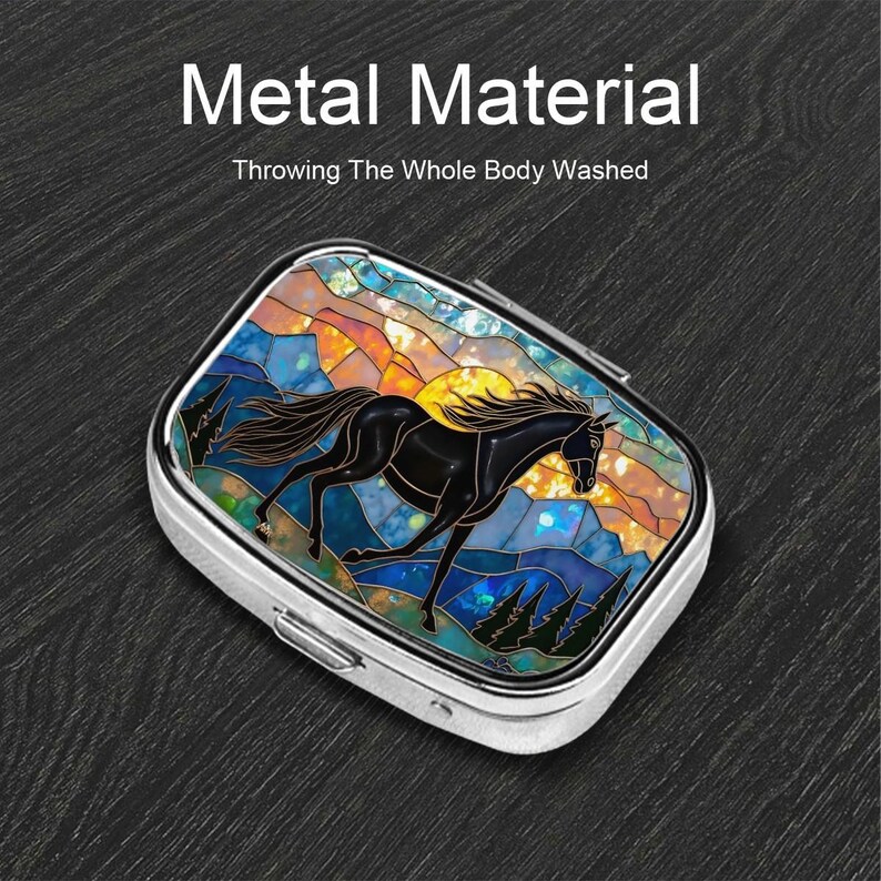 Stained Glass Style Black Horse Pill Box Sunset Mountain Scene Travel ...