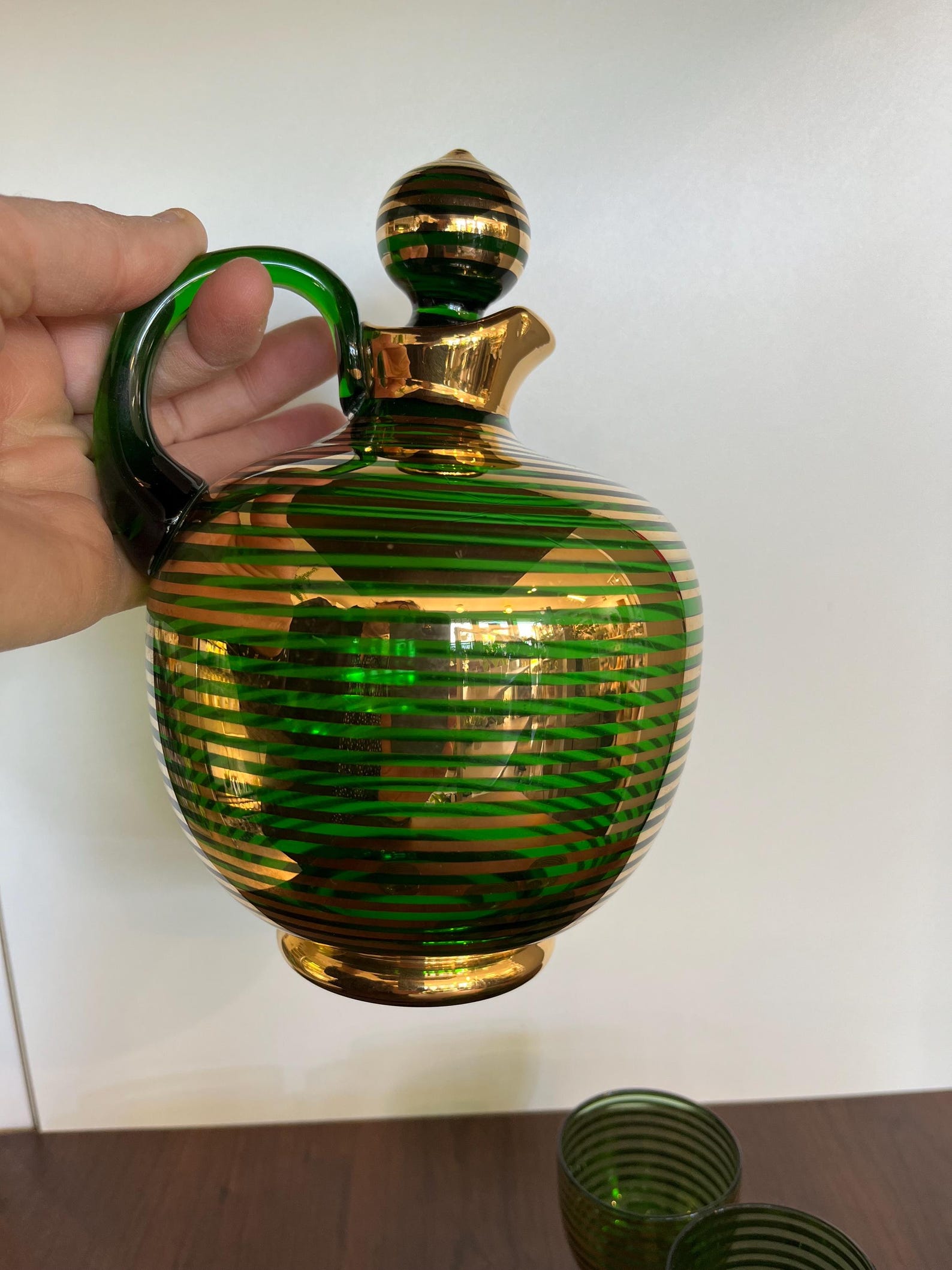 German Green and Gold Glass Carafe With 6 Cups - Etsy